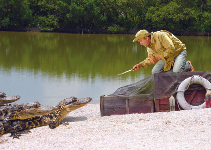 MAN WARDING OFF ALLIGATORS CARD