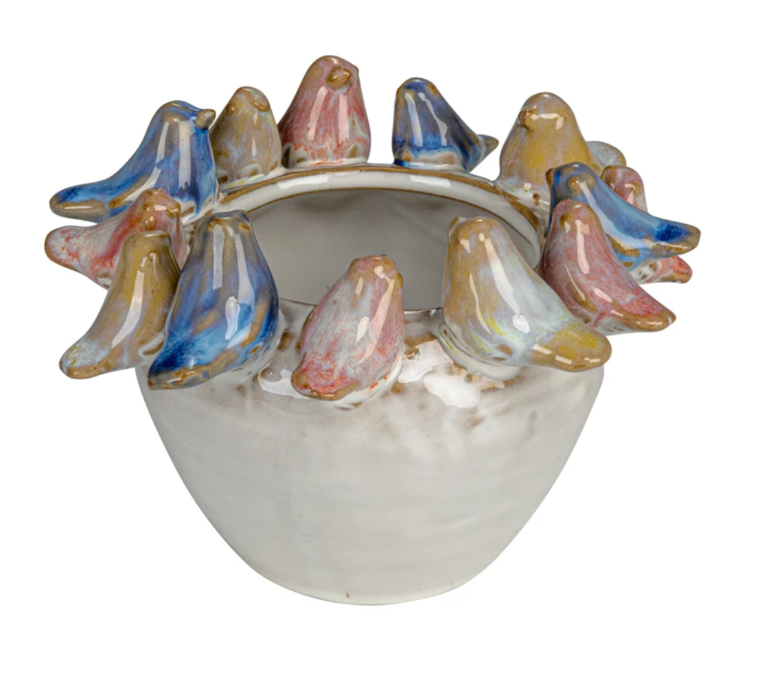 Stoneware Planter w/ Birds on Rim (Holds 4" Pot) (Each One Will Vary ...