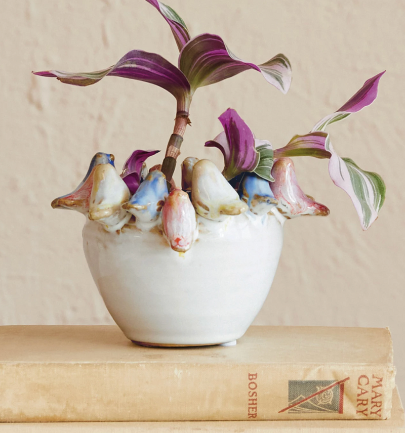 Stoneware Planter w/ Birds on Rim (Holds 4" Pot) (Each One Will Vary ...